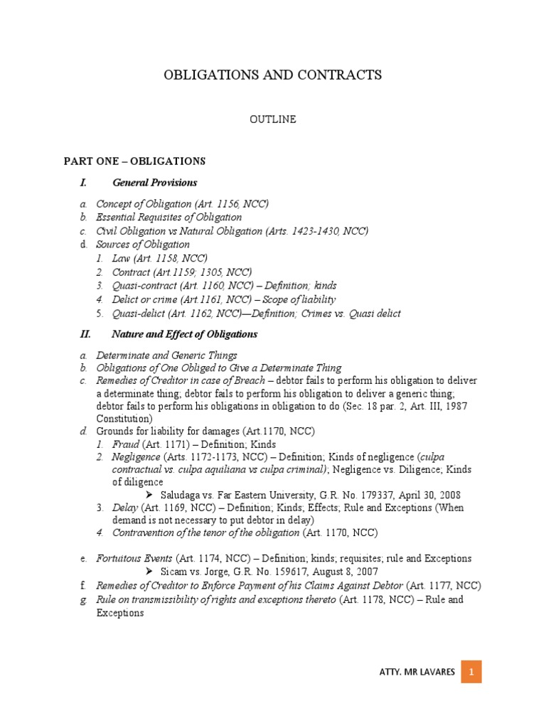 Obligations and Contracts Outline | PDF | Law Of Obligations | Annulment