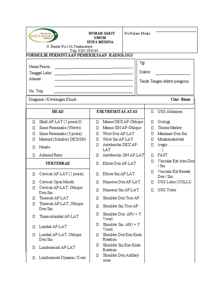 Radiology Examination Request Form from Syifa Medina General Hospital ...