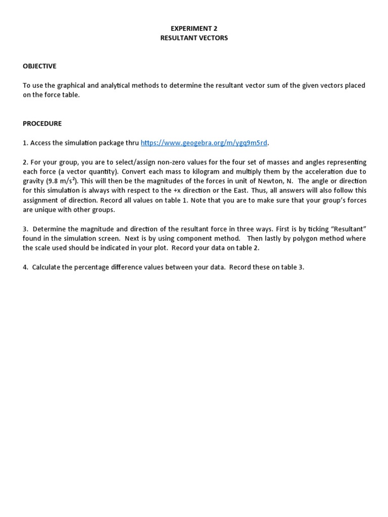Experiment 2 Resultant Vectors GROUP 1 | Download Free PDF | Euclidean Vector | Force