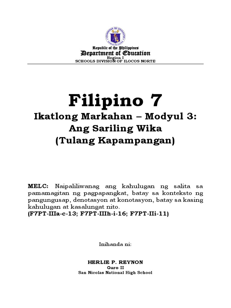 Filipino7 Q3 Week3 Modyul3 Reynon, Herlie | PDF