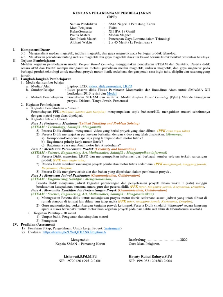 RPP PJBL Motor Listrik Sederhana Revisi Kompre | PDF