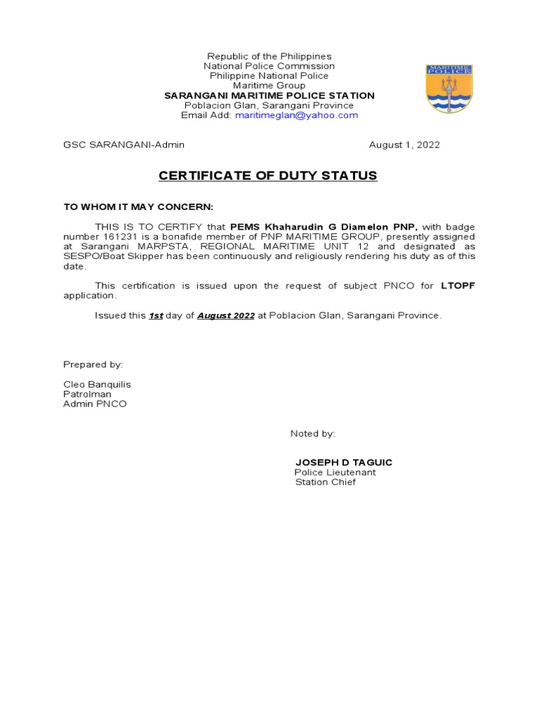 Certificate of Duty Status: Sarangani Maritime Police Station | PDF ...