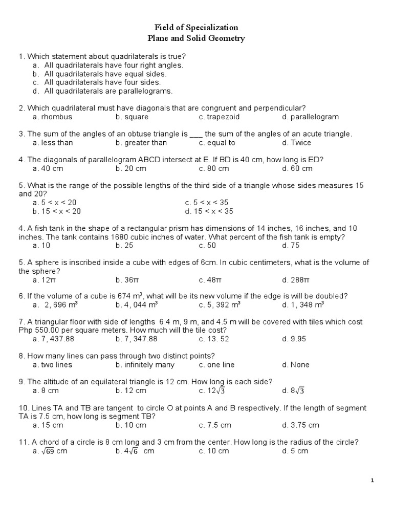 Plane and Solid Exam | PDF | Triangle | Area