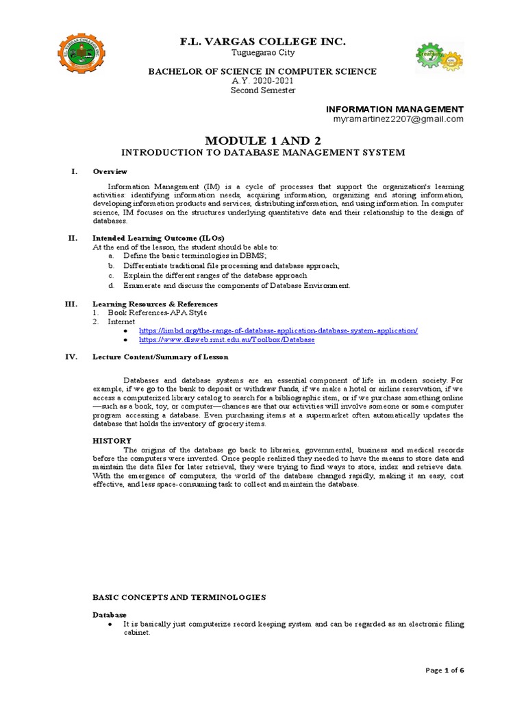 Module 1 and 2: F.L. Vargas College Inc | PDF | Databases | Metadata