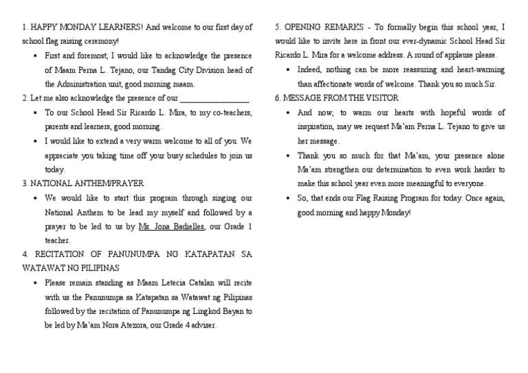 Emcee Script for Flag Raising Program | PDF