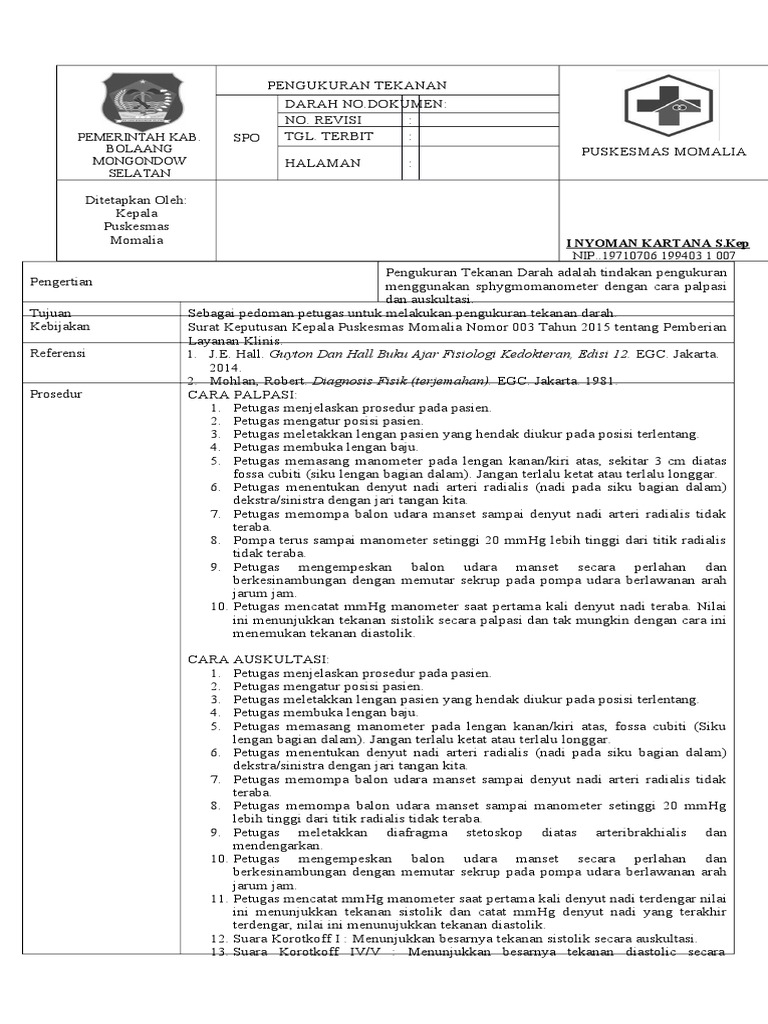 Sop Pengukuran Tekanan Darah | PDF