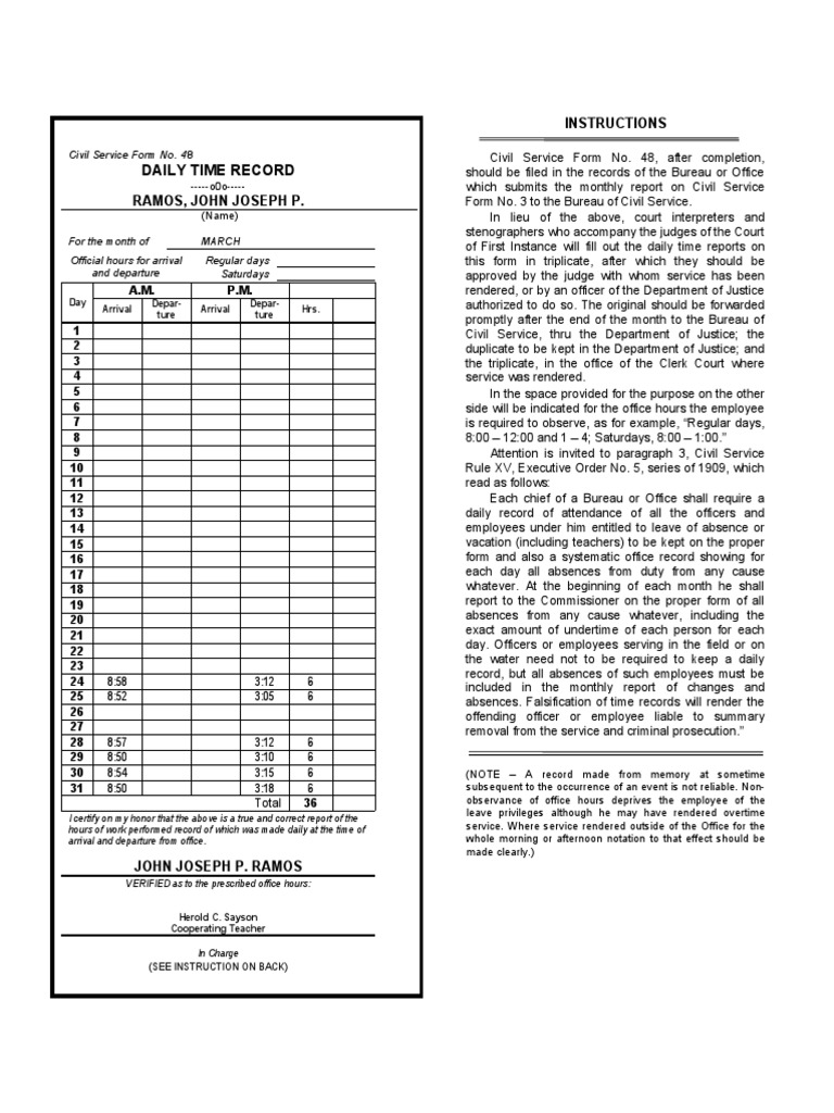 Daily Time Record: Instructions | PDF | Government Institutions ...