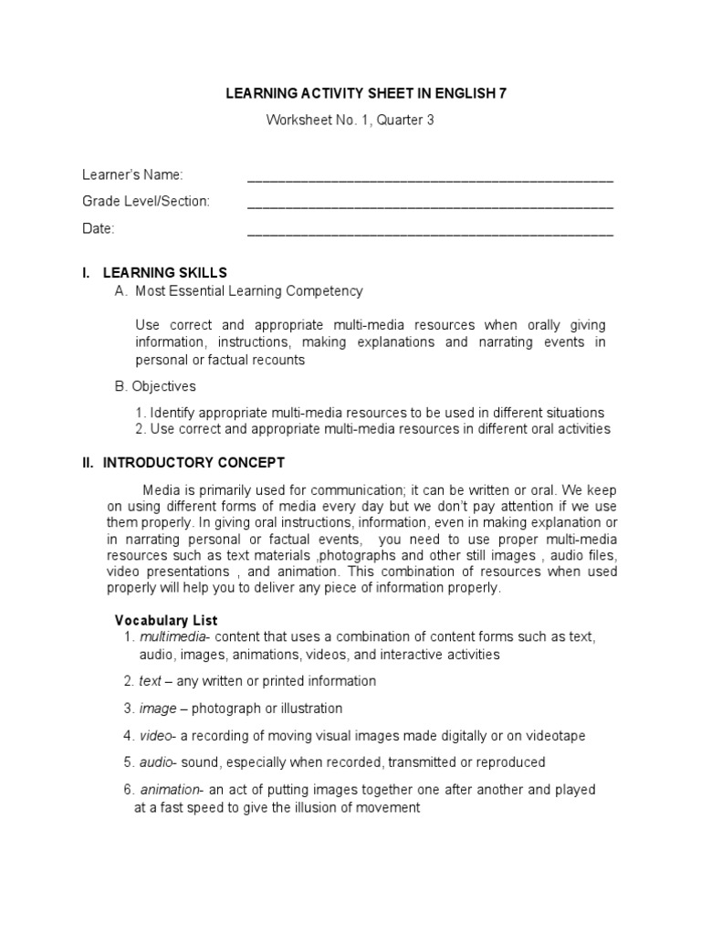 Learning Activity Sheet in English 7 | PDF | Multimedia | Communication
