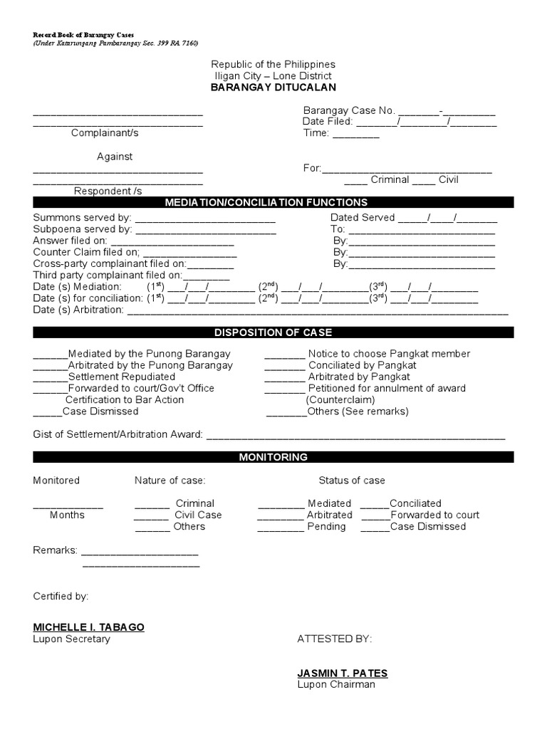 Barangay Case Record Book Template | PDF | Separation Of Powers ...