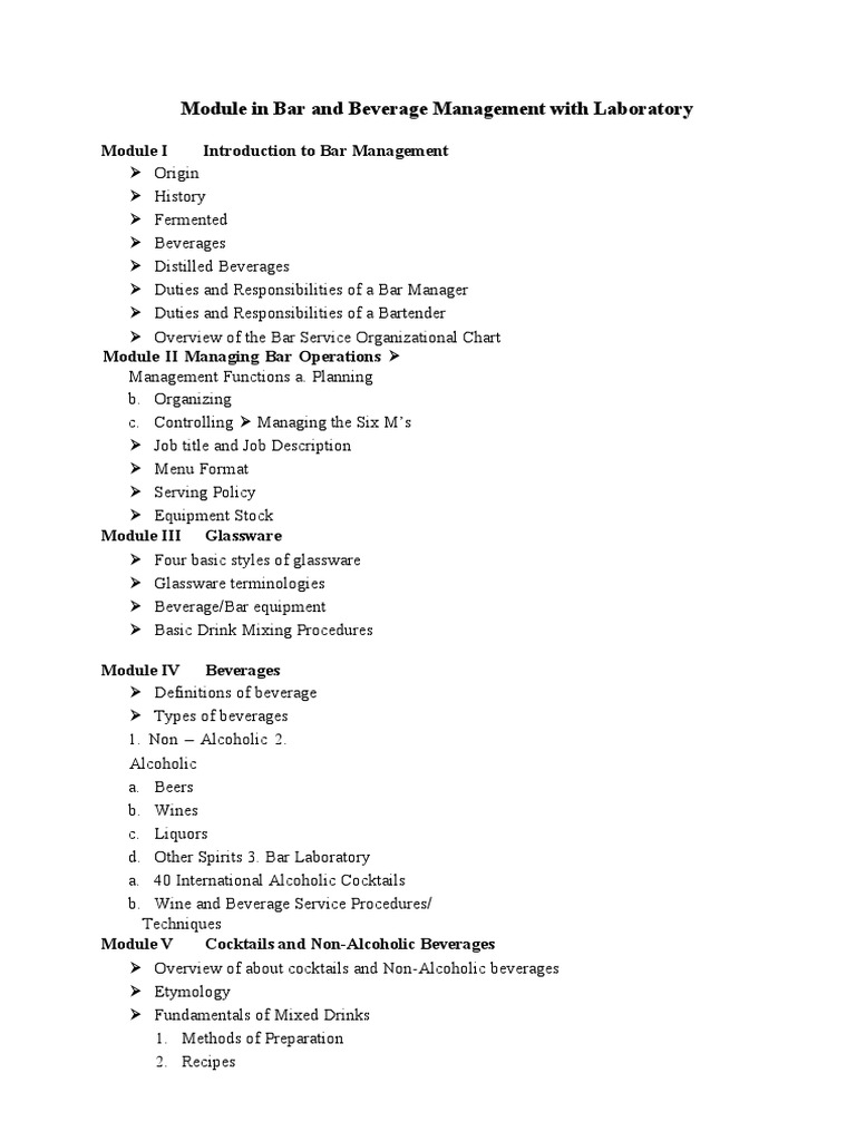 Bar and Beverage Management With Laborat | PDF | Alcoholic Drinks | Pub