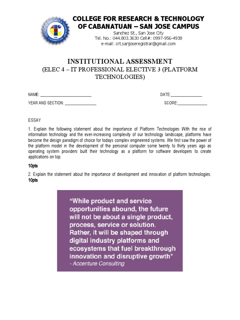 Institutional Assessment: (Elec 4 - It Professional Elective 3 ...