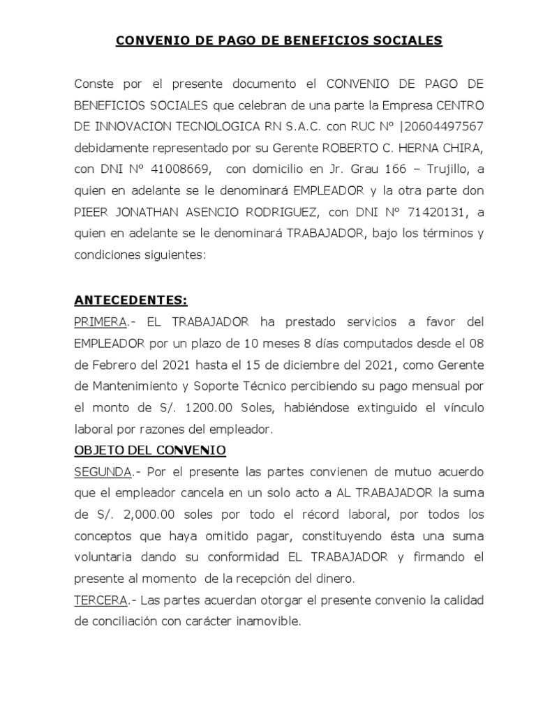 Convenio de Pago de Beneficios Sociales | PDF