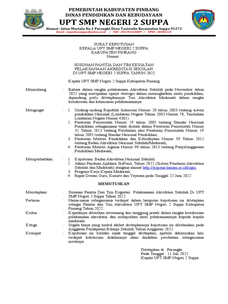 Tim Akreditasi SMPN 2 Suppa 2022 | PDF