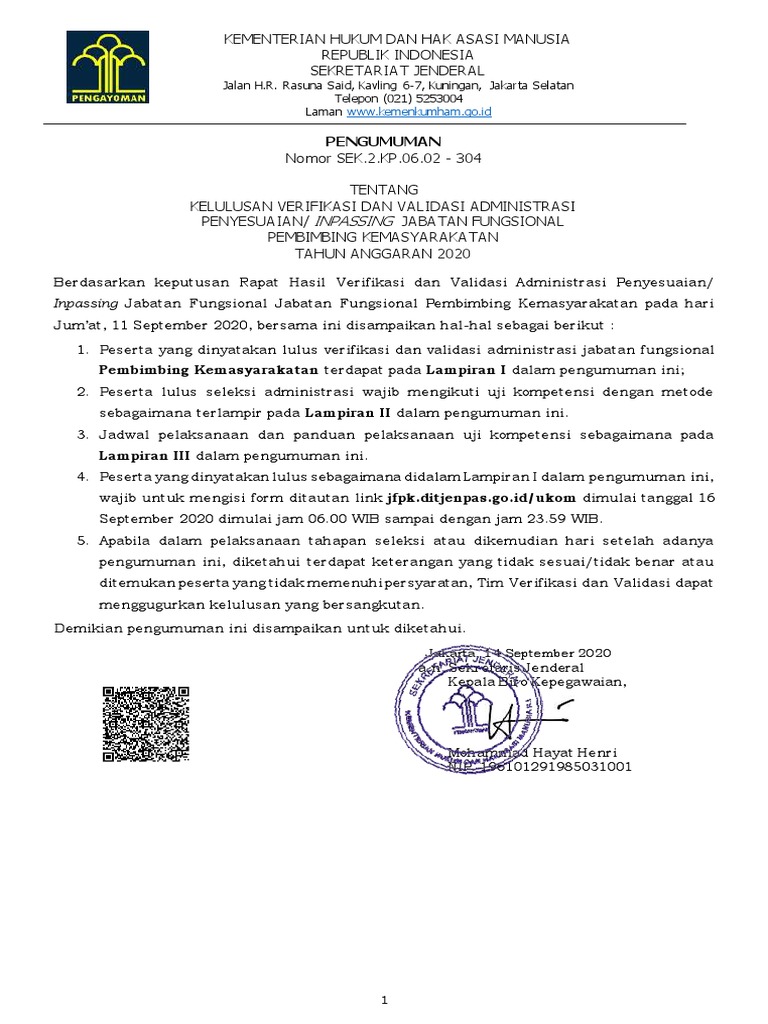Pengumuman Kelulusan Inpassing PNS 2020 | PDF