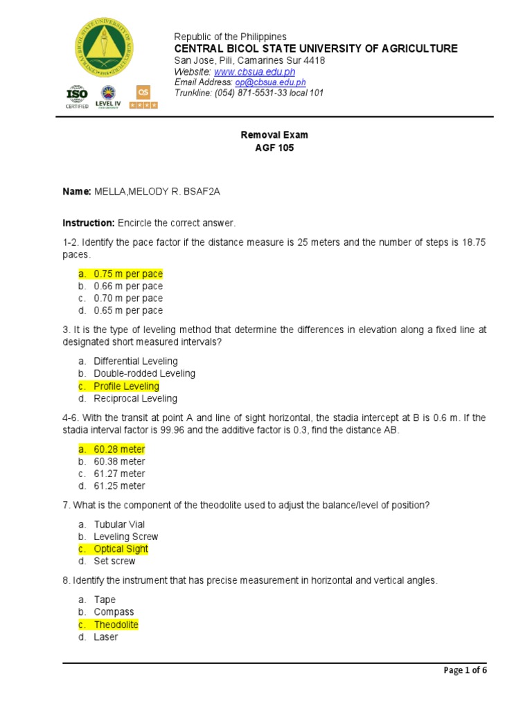 Central Bicol State University of Agriculture: Removal Exam AGF 105 | PDF | Metrology | Physical ...