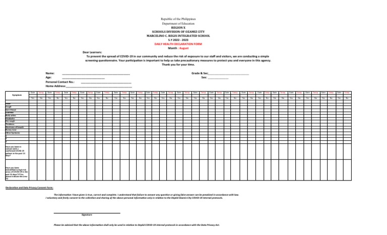 Daily Health Declaration Form: August: Republic of The Philippines ...