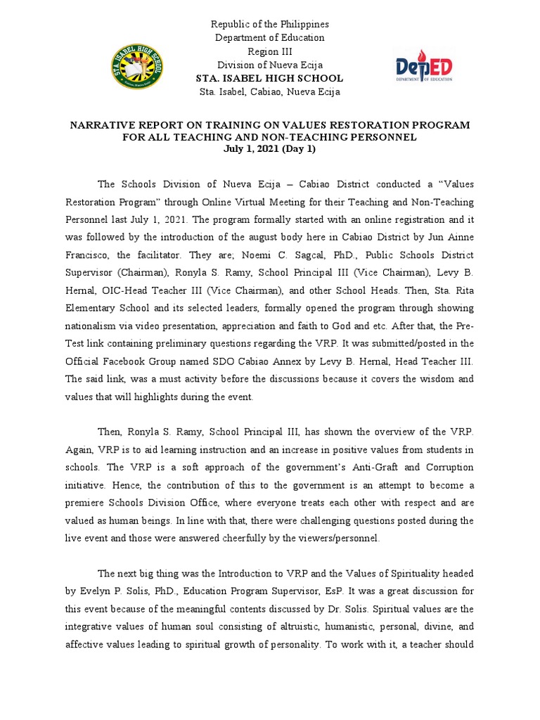 Narrative Report on Values Restoration Program | PDF | Teachers
