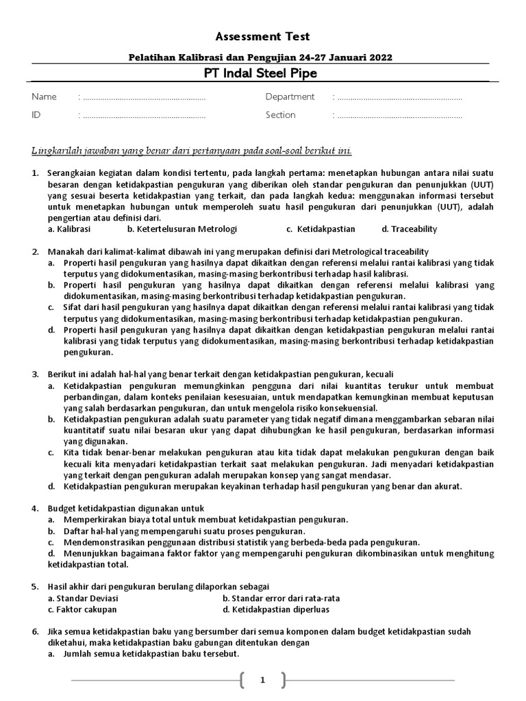 Soal Pelatihan Kalibrasi Dan Pengujian Di PT Indal Steel Pipe | PDF