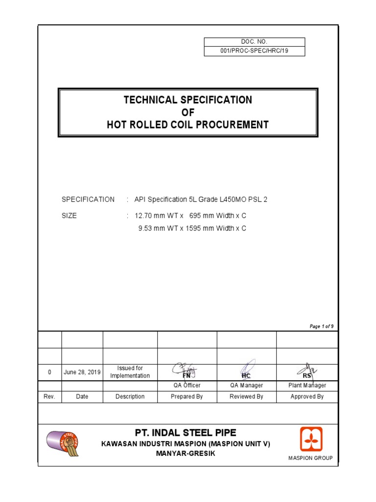Technical Spec. HRC Procurement API 5L Gr. L450MO PSL 2 Rev. 0 | PDF ...