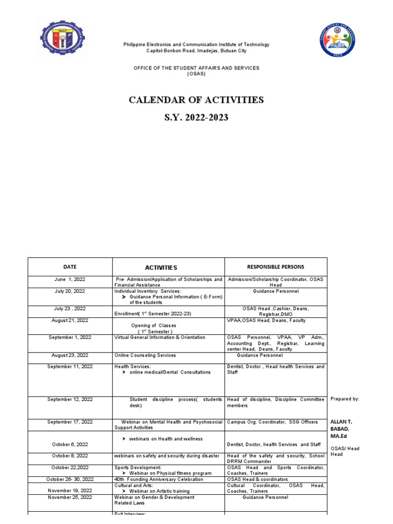 Osas Calendar of Activities 2022-2023 | PDF | Health Care | Health Sciences