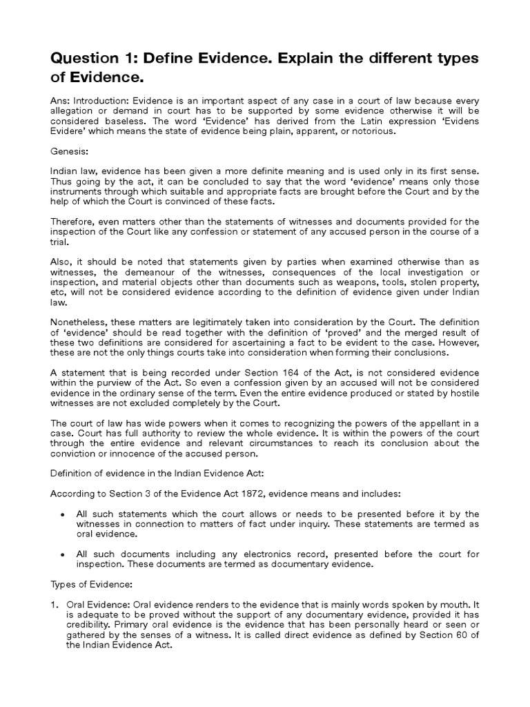 Question 1: Define Evidence. Explain The Different Types of Evidence ...