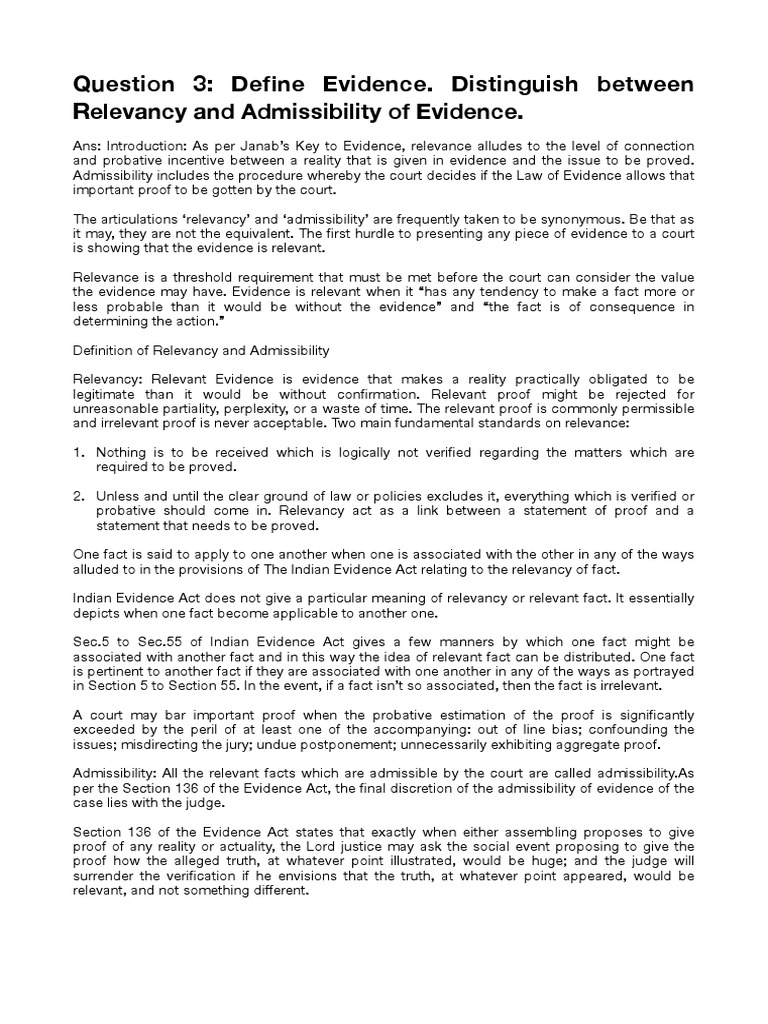 Question 3: Define Evidence. Distinguish Between Relevancy and ...