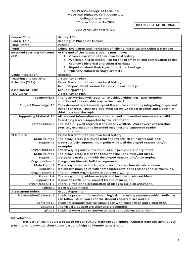 St. Peter's College of Toril, Inc.: History 101-Ms. Risonar | PDF ...