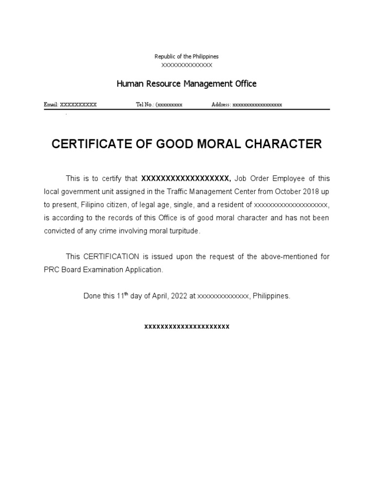Certificate of Good Moral Character: Human Resource Management Office ...