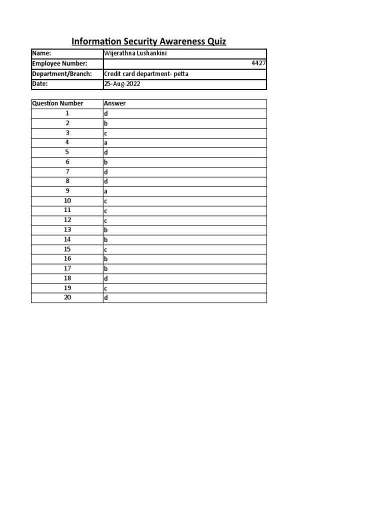 Answer Script - Information Security Awareness Quiz | PDF