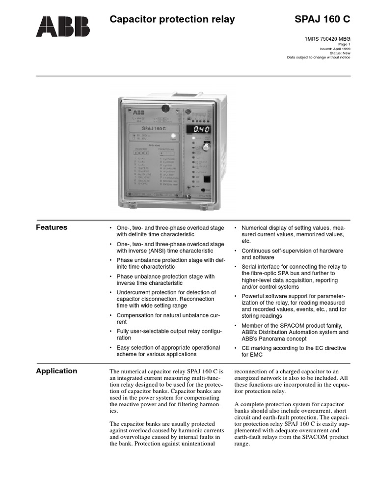 Spaj 160 C Capacitor Protection Relay: Features | PDF | Power Supply ...