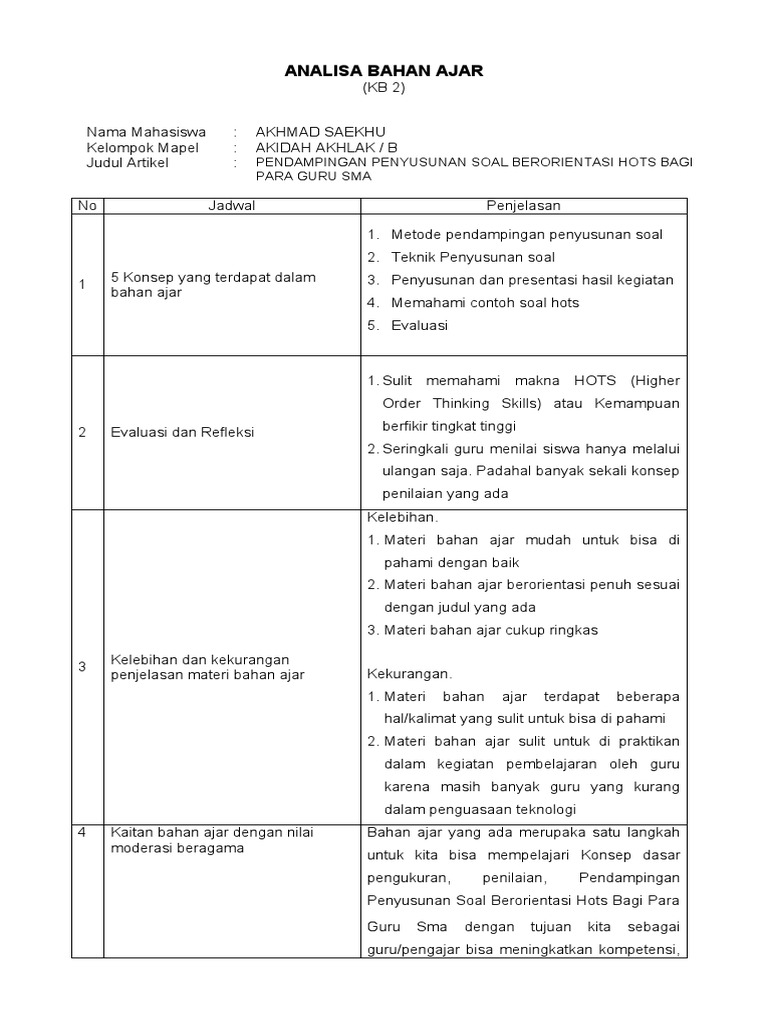 Analisa Bahan Ajar KB 2.-1 | PDF