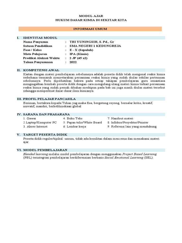 2.. Modul Ajar IPA (Kimia) - Hukum Dasar Kimia Di Sekitar Kita - Tri Yuningsih | PDF