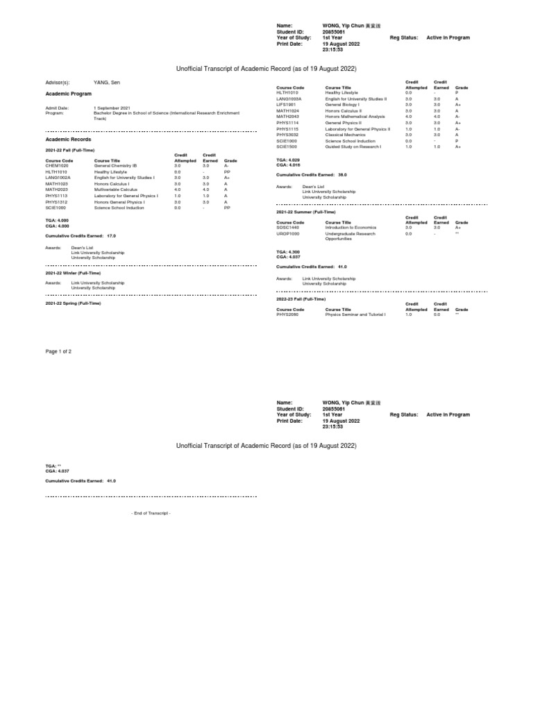 Unofficial Transcript of Academic Record (As of 19 August 2022 ...