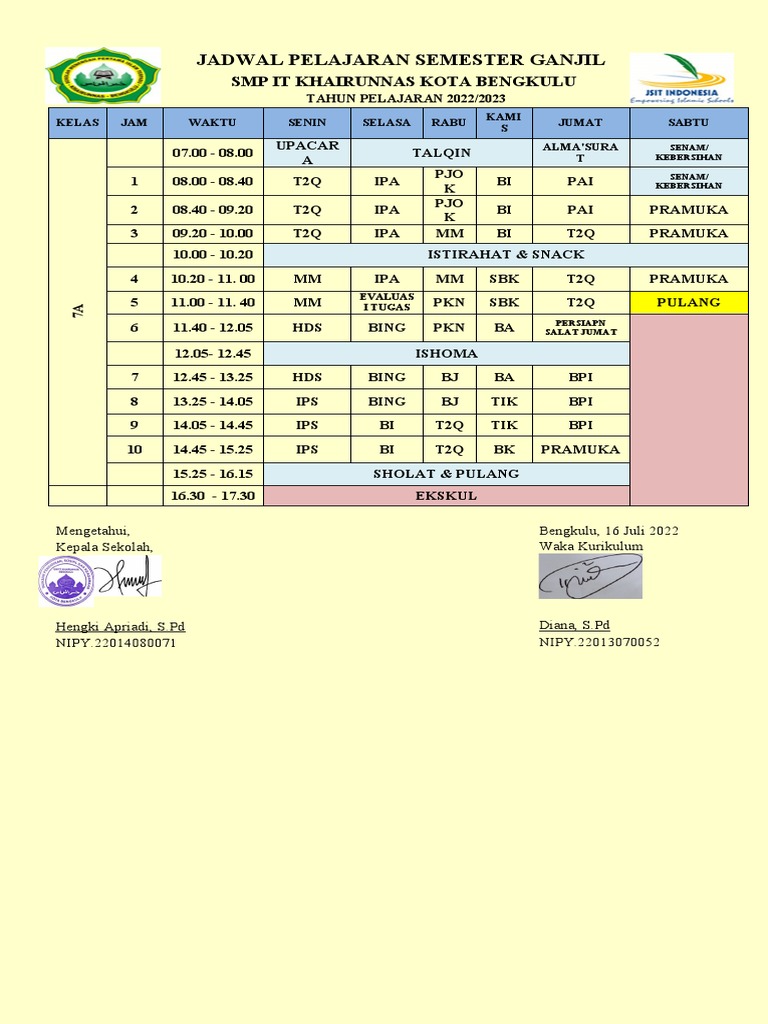 Jadwal Pelajaran SMP IT Khairunnas | PDF