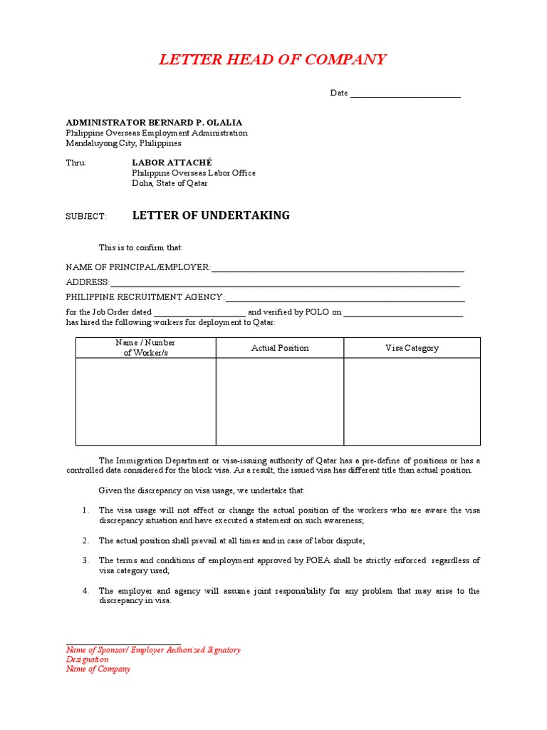 Letter of Undertaking for the Deployment of Workers to Qatar Despite ...