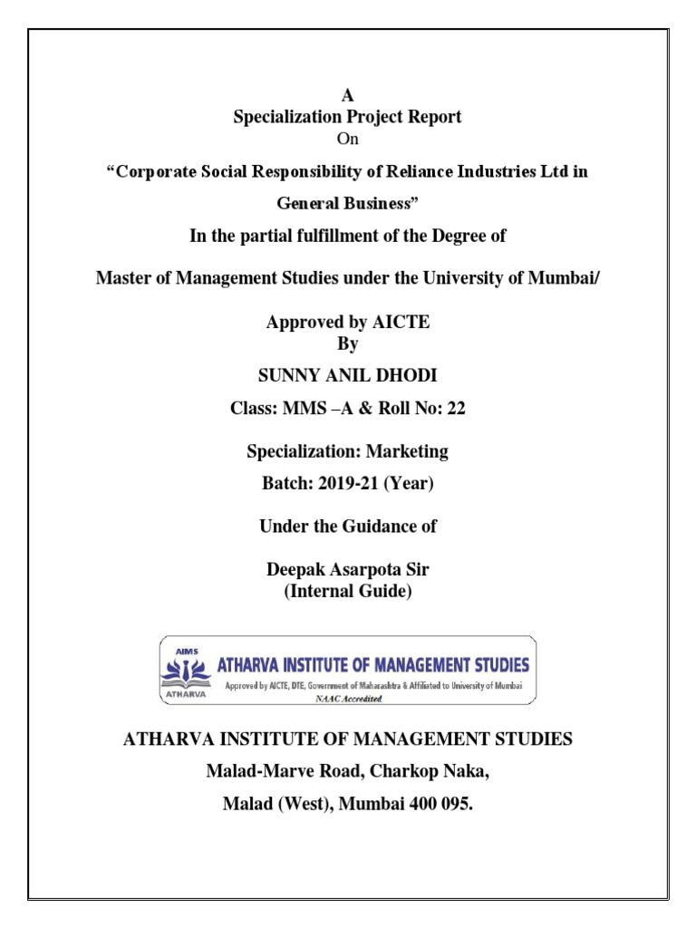 CSR of Reliance Industries Sunny Dhodi MMS-A-22 Word File | PDF ...