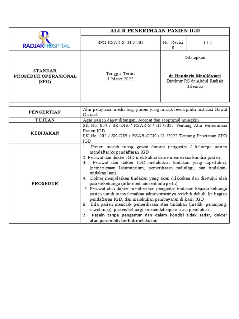Spo Alur Penerimaan Pasien Igd | PDF