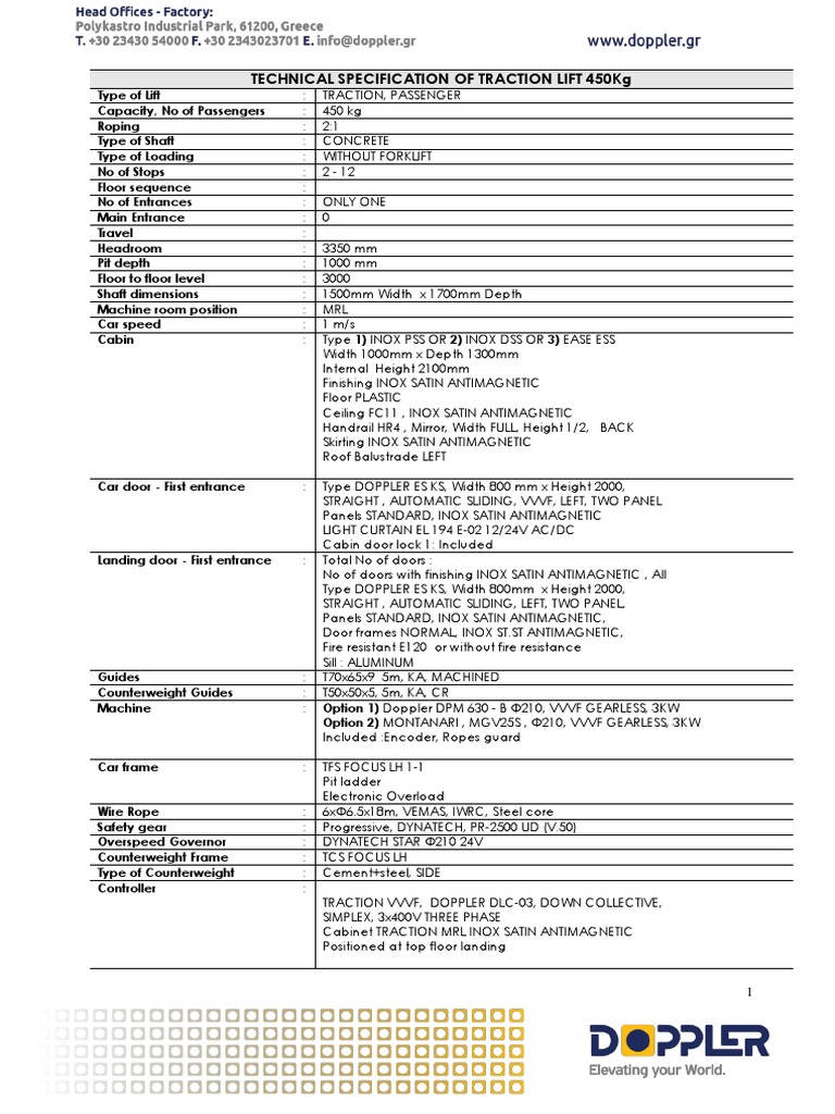 DOPPLER ONE Technical Specs Europe | PDF | Elevator | Door