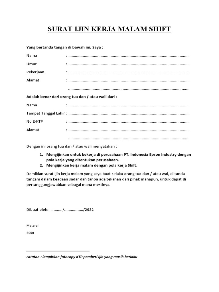 Surat Ijin Kerja Malam Shift | PDF