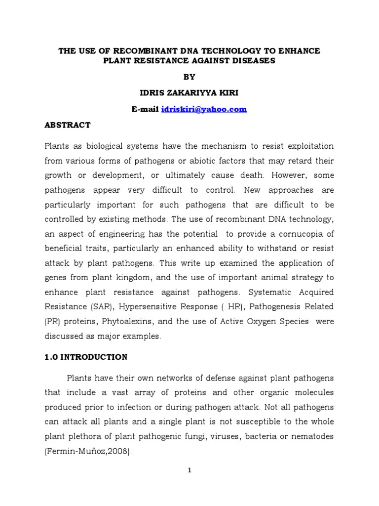 The Use of Recombination Dna Technology To Enhance Plant Reitance Agait ...
