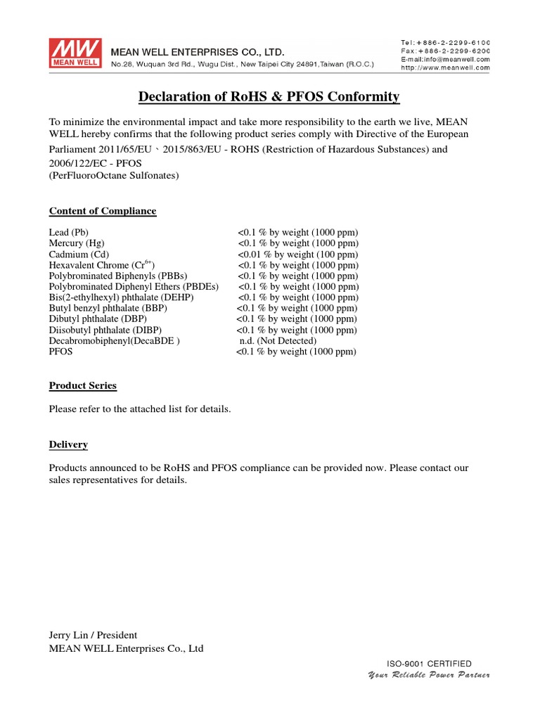 Declaration of Rohs & Pfos Conformity | PDF | Electronic Waste ...