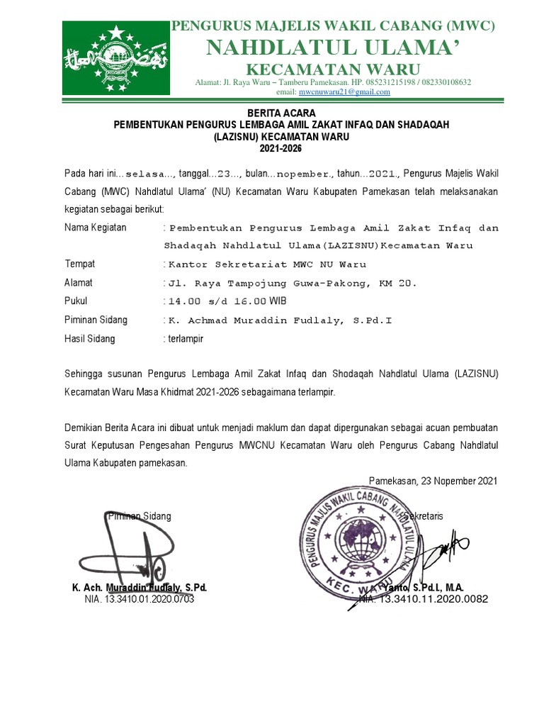 Berita Acara Pembentukan Lazisnu Waru | PDF