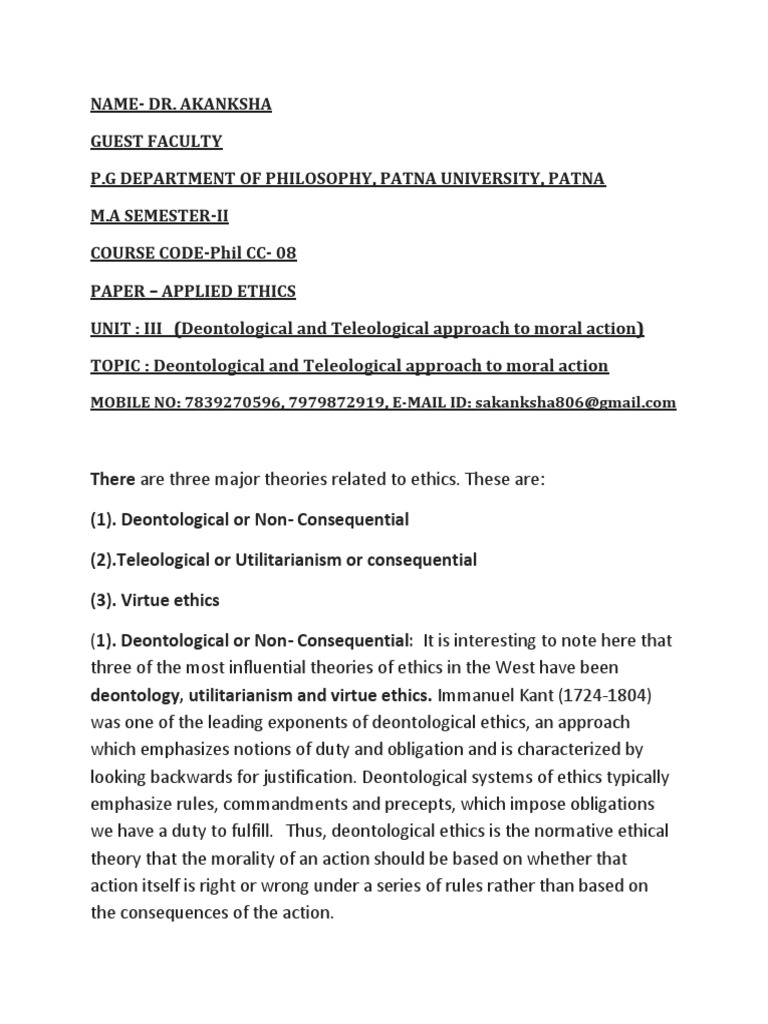 Deontological and Teleological Approach To Moral Action (P.G) - M.A ...