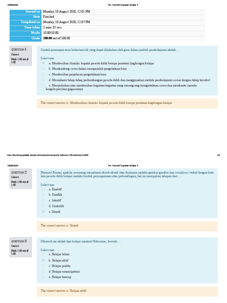 Tes Formatif Teori Belajar 2020 | PDF