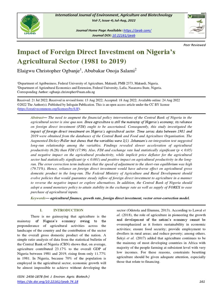 Impact of Foreign Direct Investment On Nigeria's Agricultural Sector (1981 To 2019) | PDF ...
