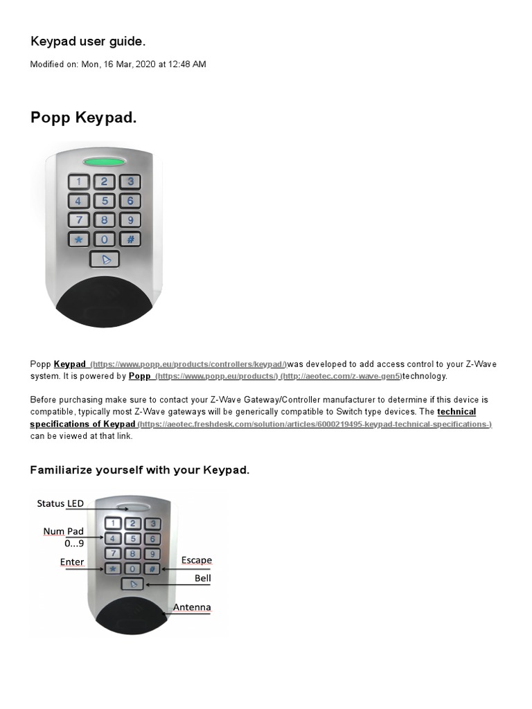 Popp Keypad User Guide - Aeotec Help Desk | PDF | Personal Identification Number | Access Control