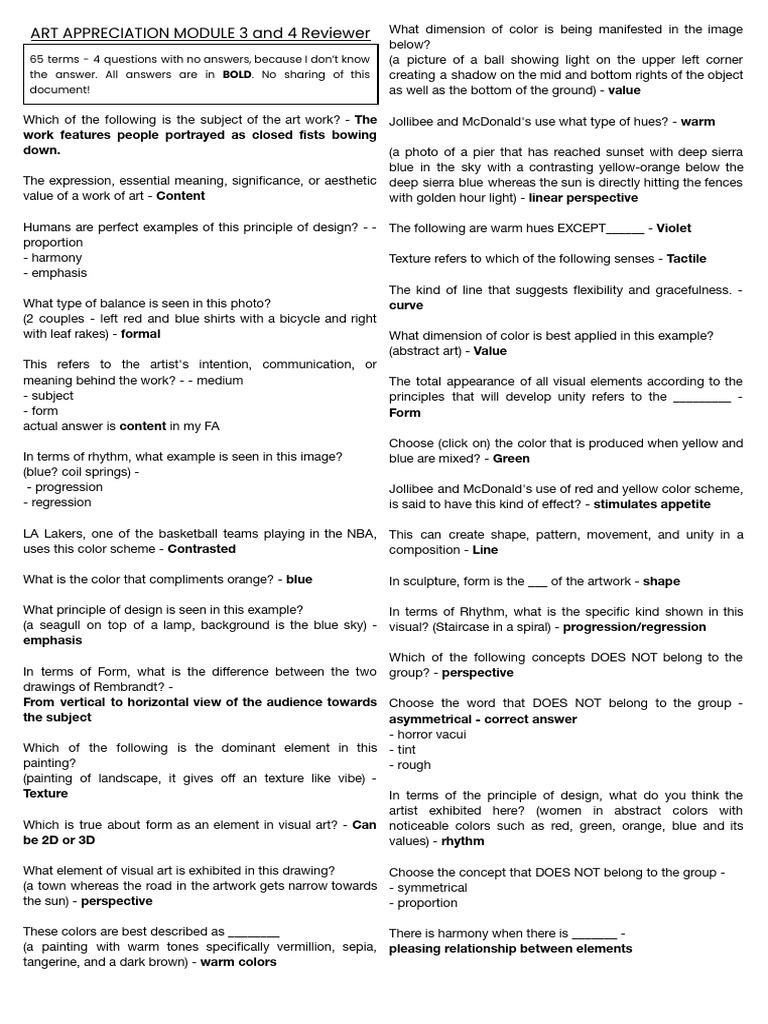 Art Appreciation Module 3 and 4 Reviewer: Work Features People ...