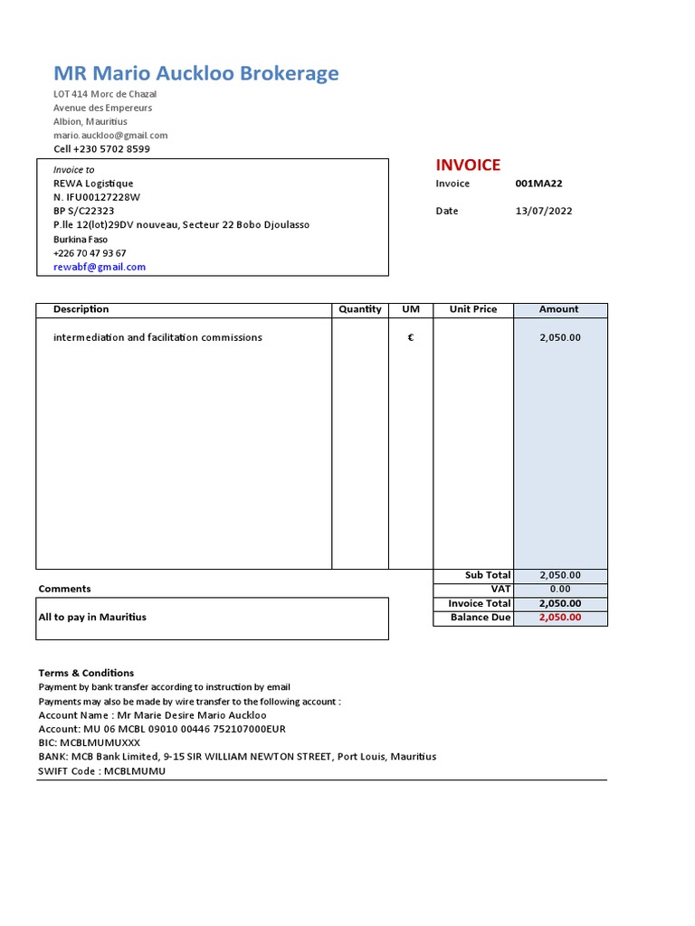 Invoice N 001ma - 13 Juillet 2022 | PDF