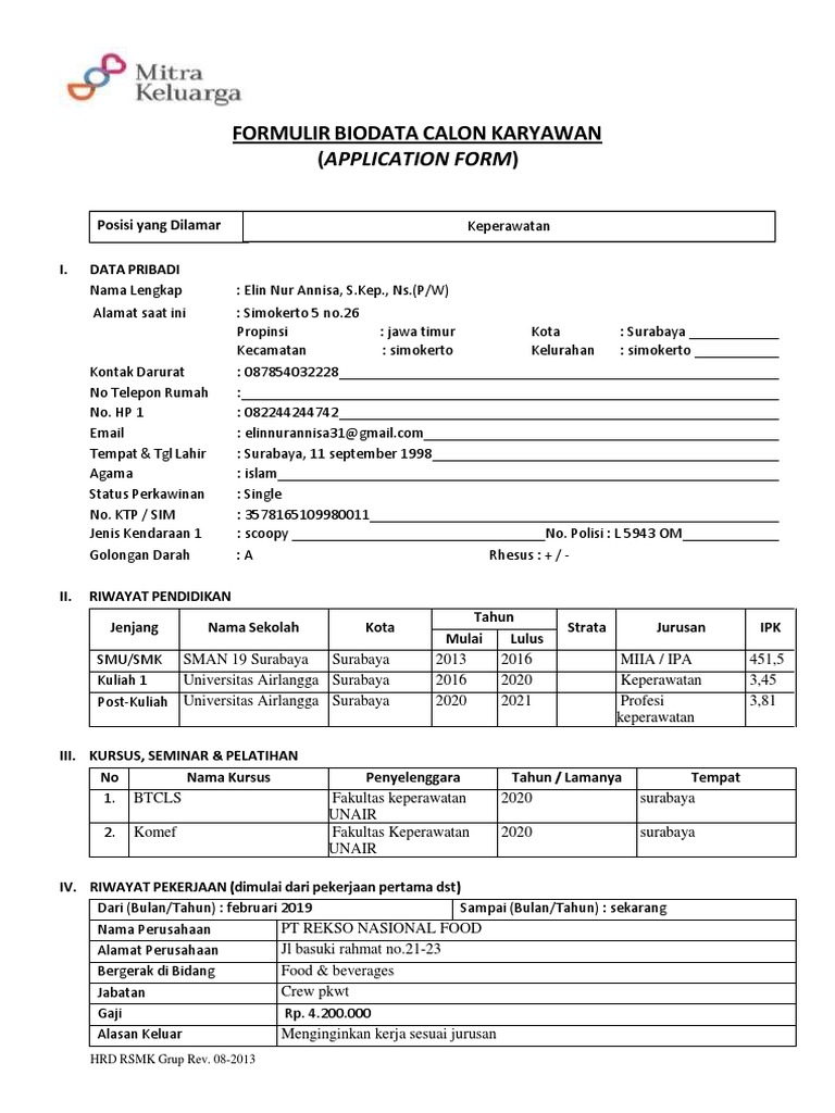 Application-Form Mitra Keluarga Elin | PDF