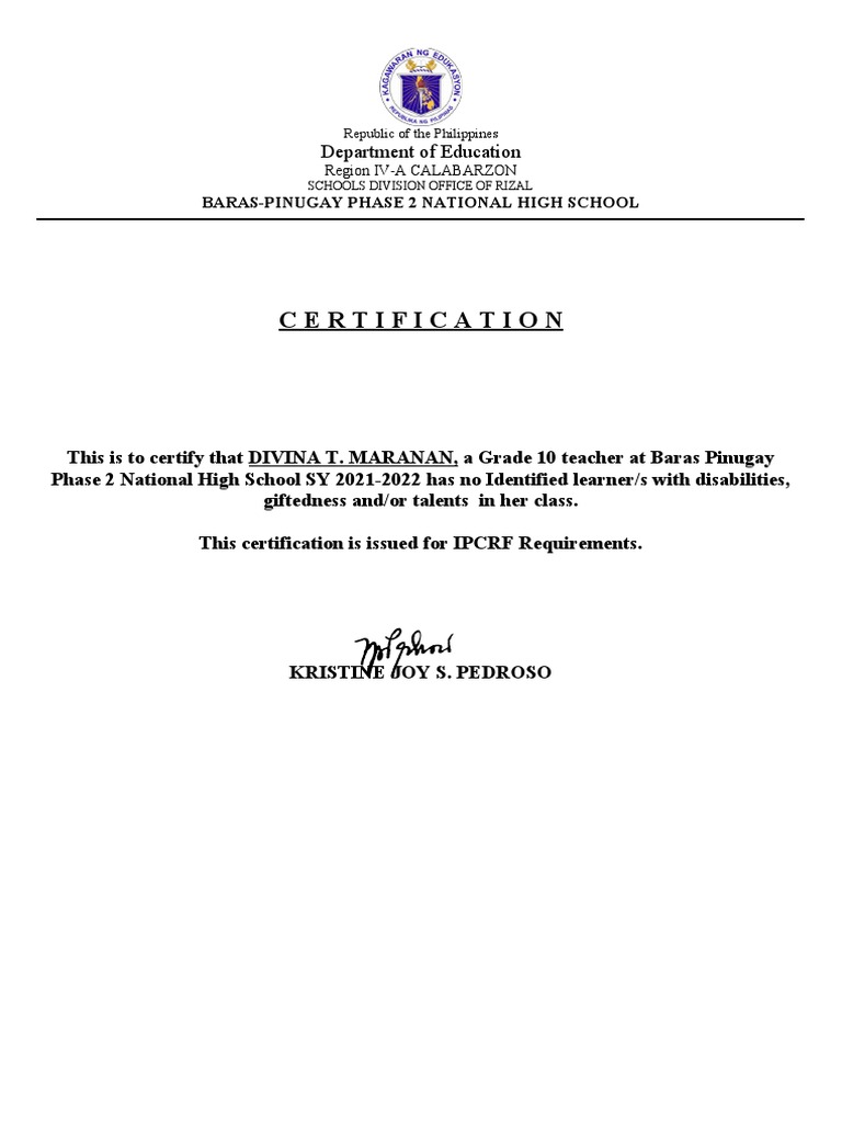 Certification of No Identified Learners With Disabilities | PDF